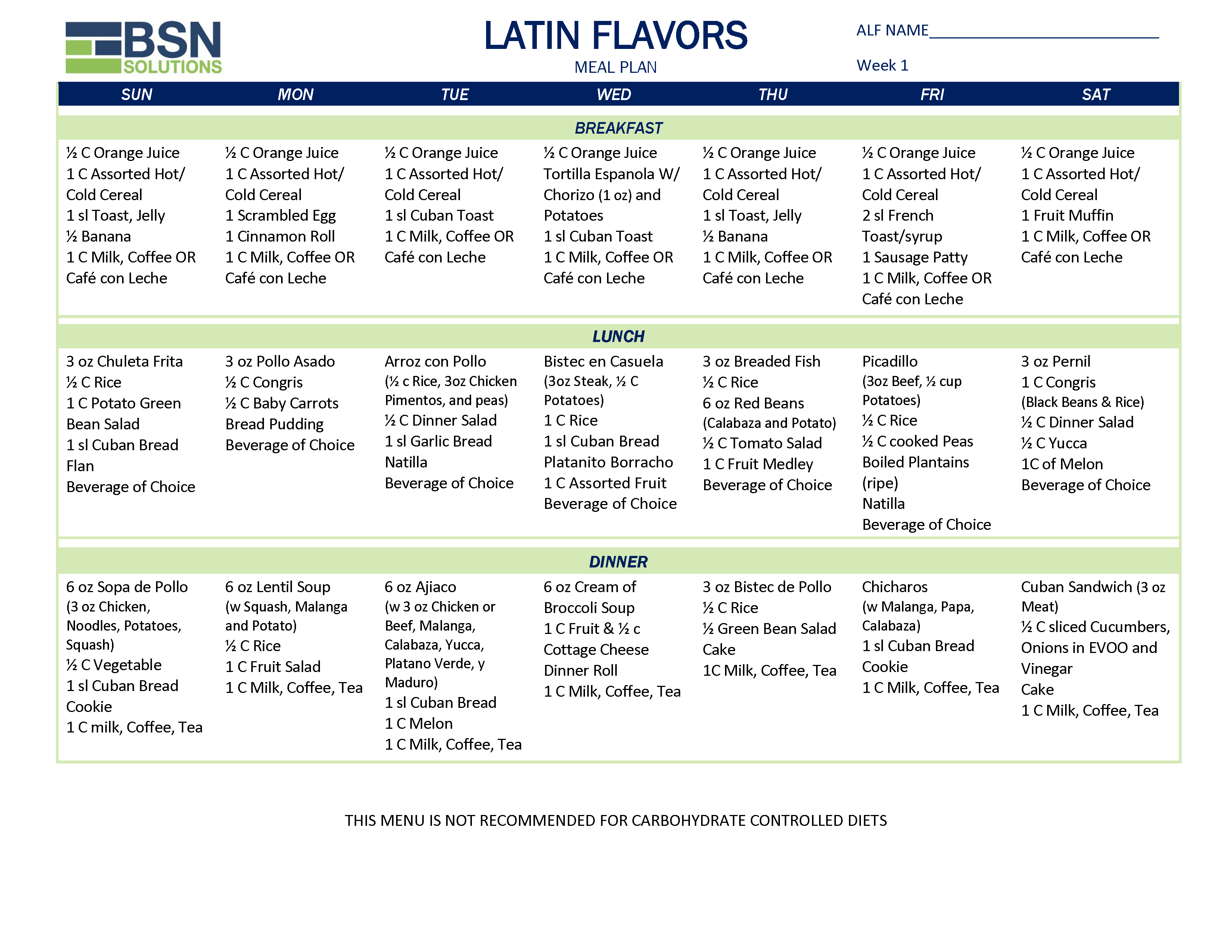 Menus for assisted living facilities (ALFs)